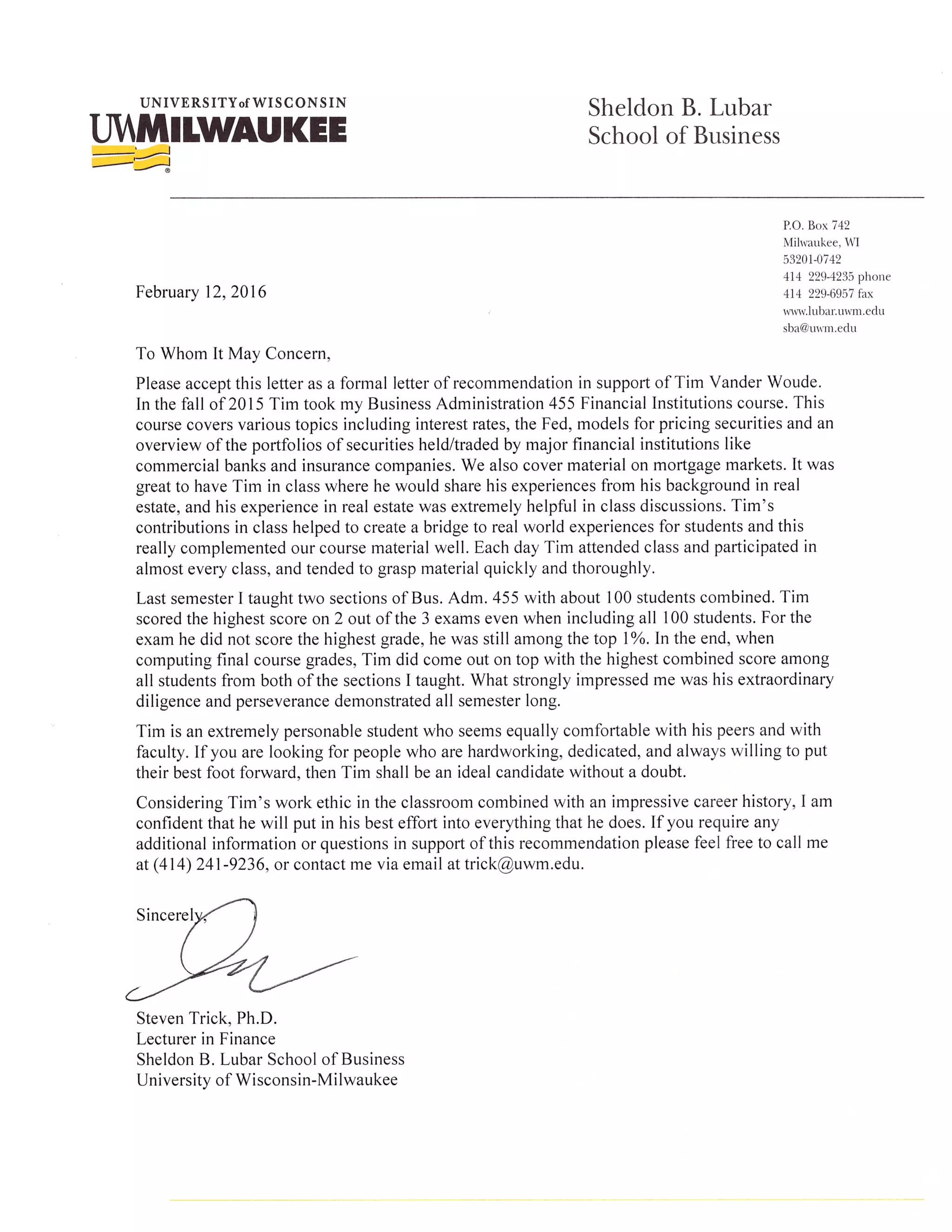 UWM Financial Institutions Professor Trick letter of recommendation for ...