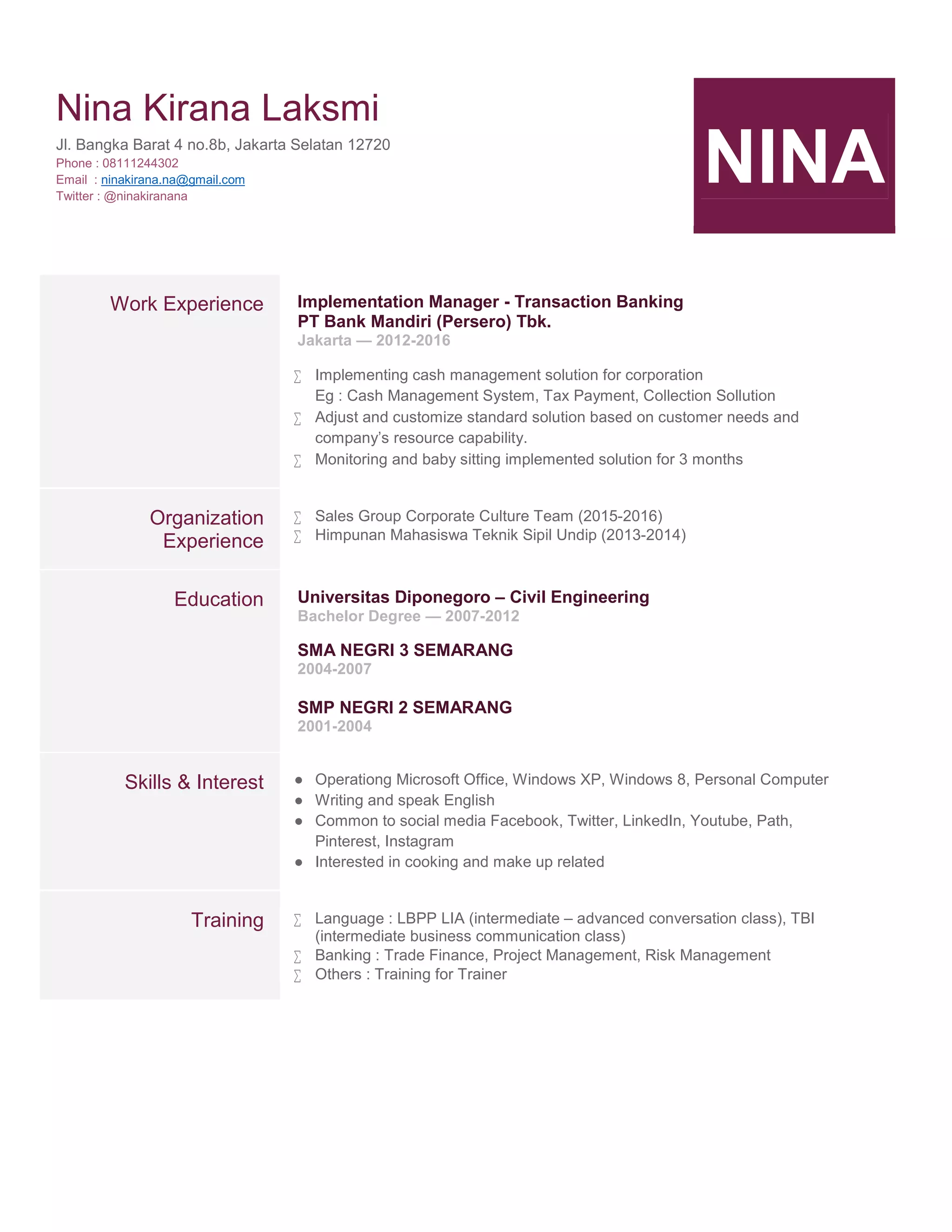 CV NINA KIRANA LAKSMI | PDF