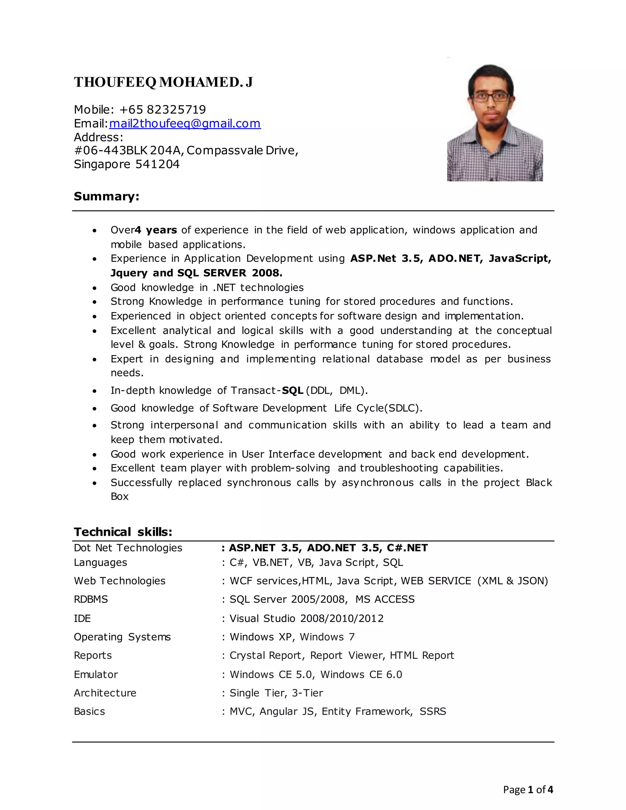 RESUME OF THOUFEEQ MOHAMED WITH 4 YRS OF EXP IN .NET