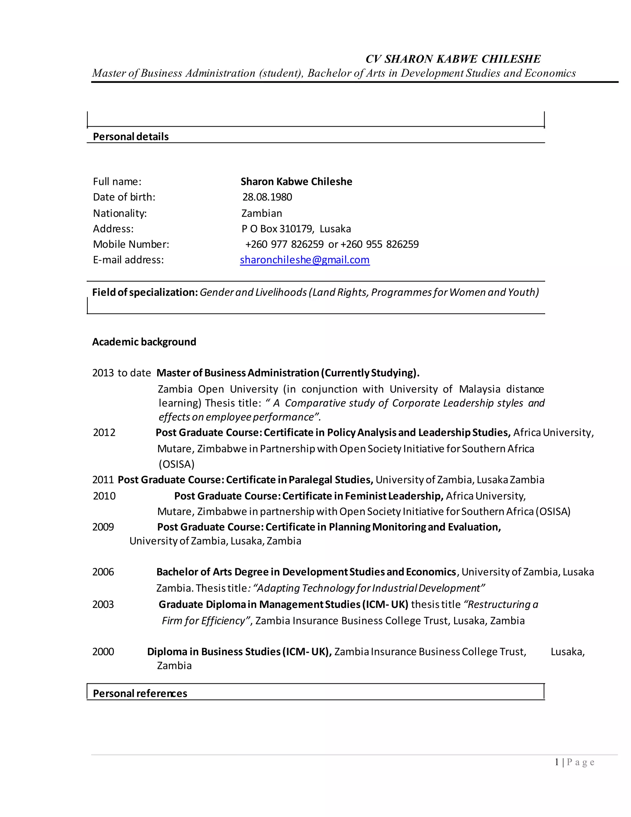 New Full CV Sharon K Chileshe 2016 | DOCX