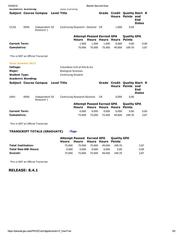 unofficial transcripts | PDF