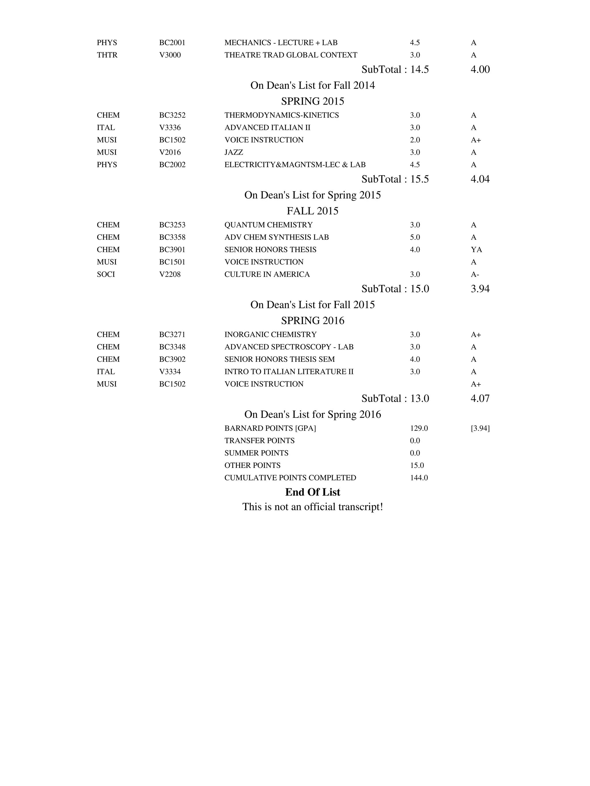 Alison Scorese Barnard College Transcript | PDF