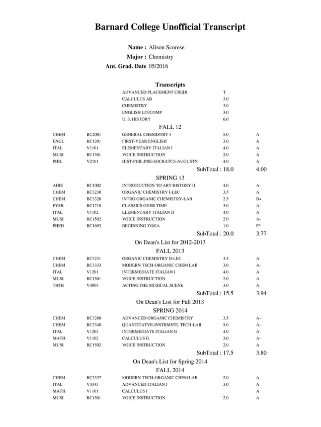 Alison Scorese Barnard College Transcript | PDF