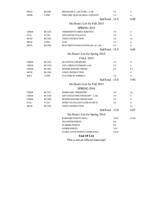 Alison Scorese Barnard College Transcript | PDF
