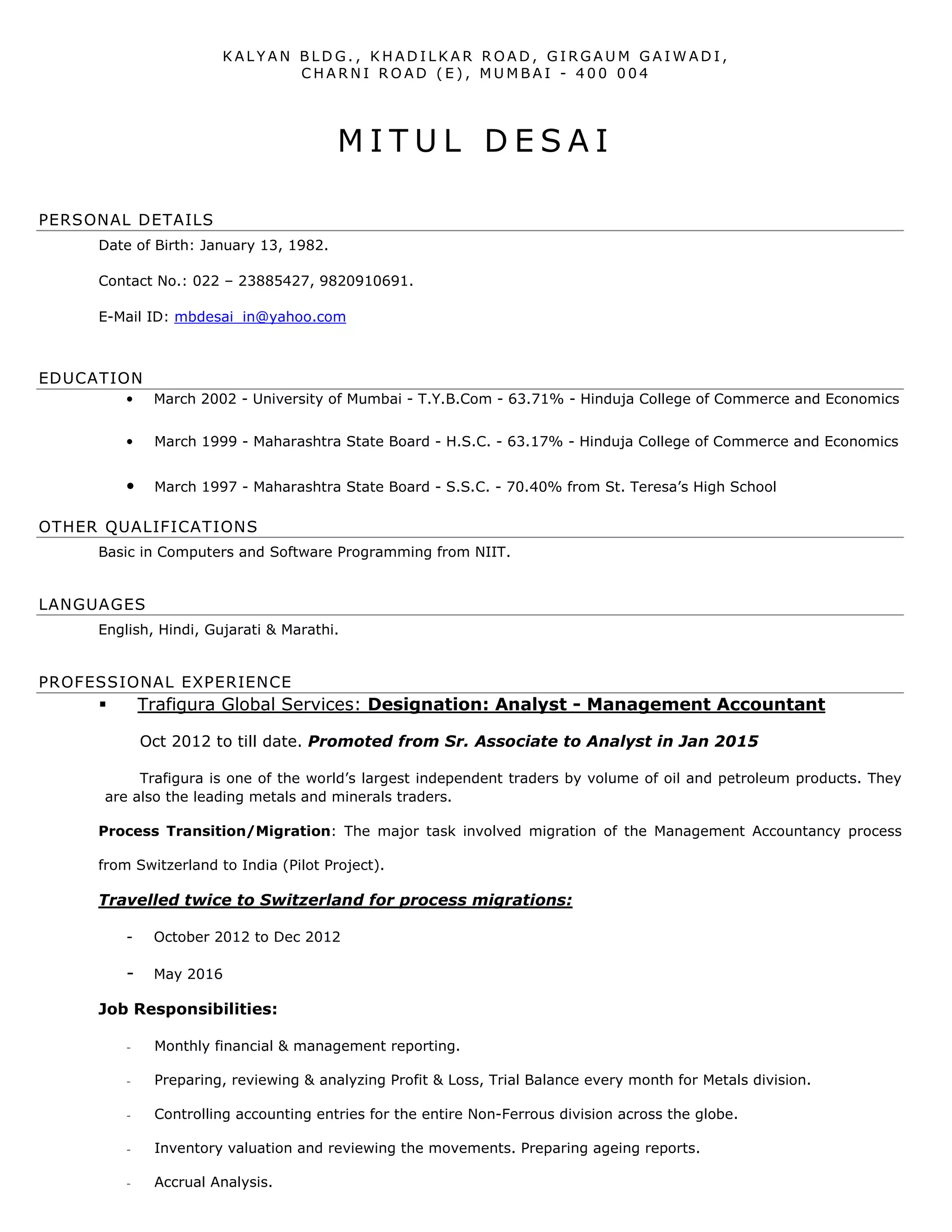 CV_Mitul_Desai | PDF | Credit Cards | Personal Debt