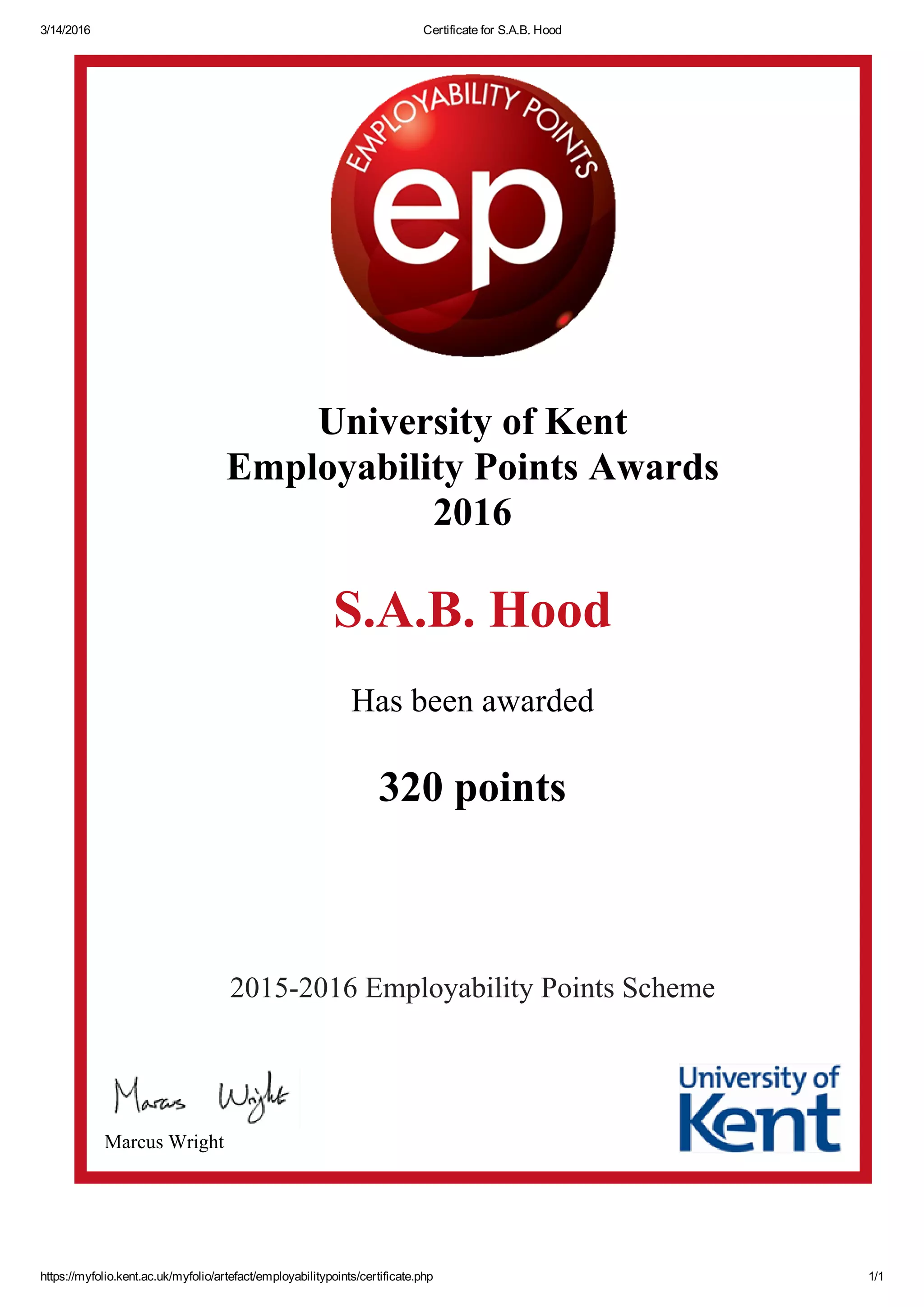 Emp. points Certificate for S.A.B | PDF