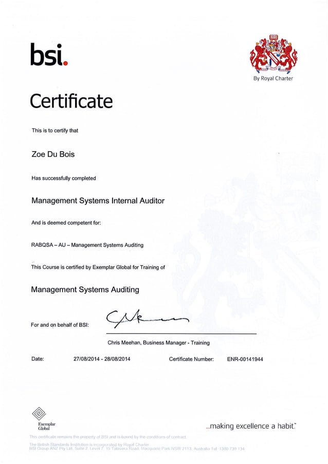 Management System Internal Auditor Certificate BSI - Zoe Du Bois | PDF