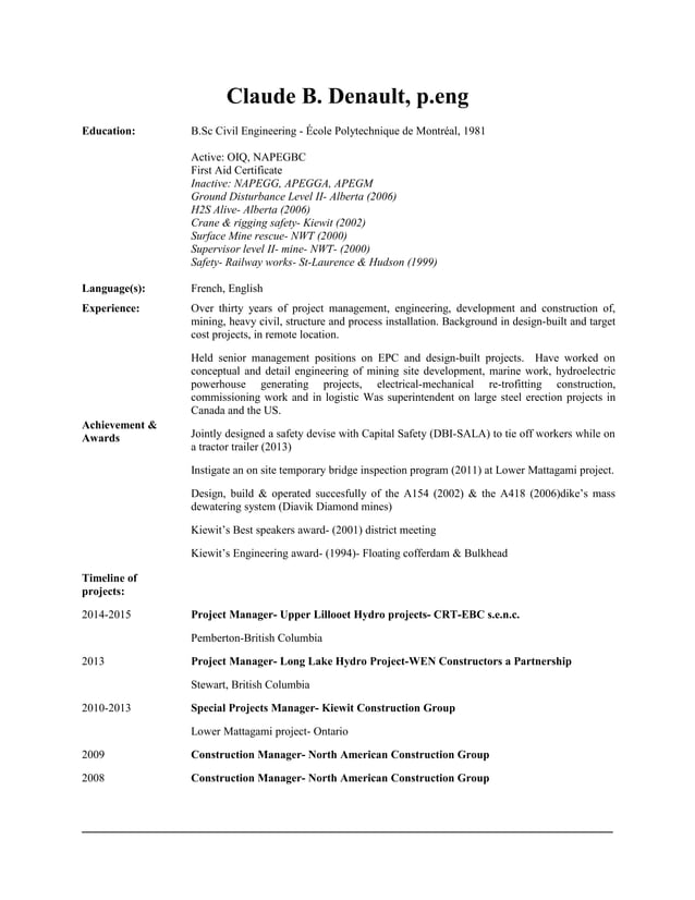 Denault_resume_2015b | DOC | Civil Engineering Industry | Industries