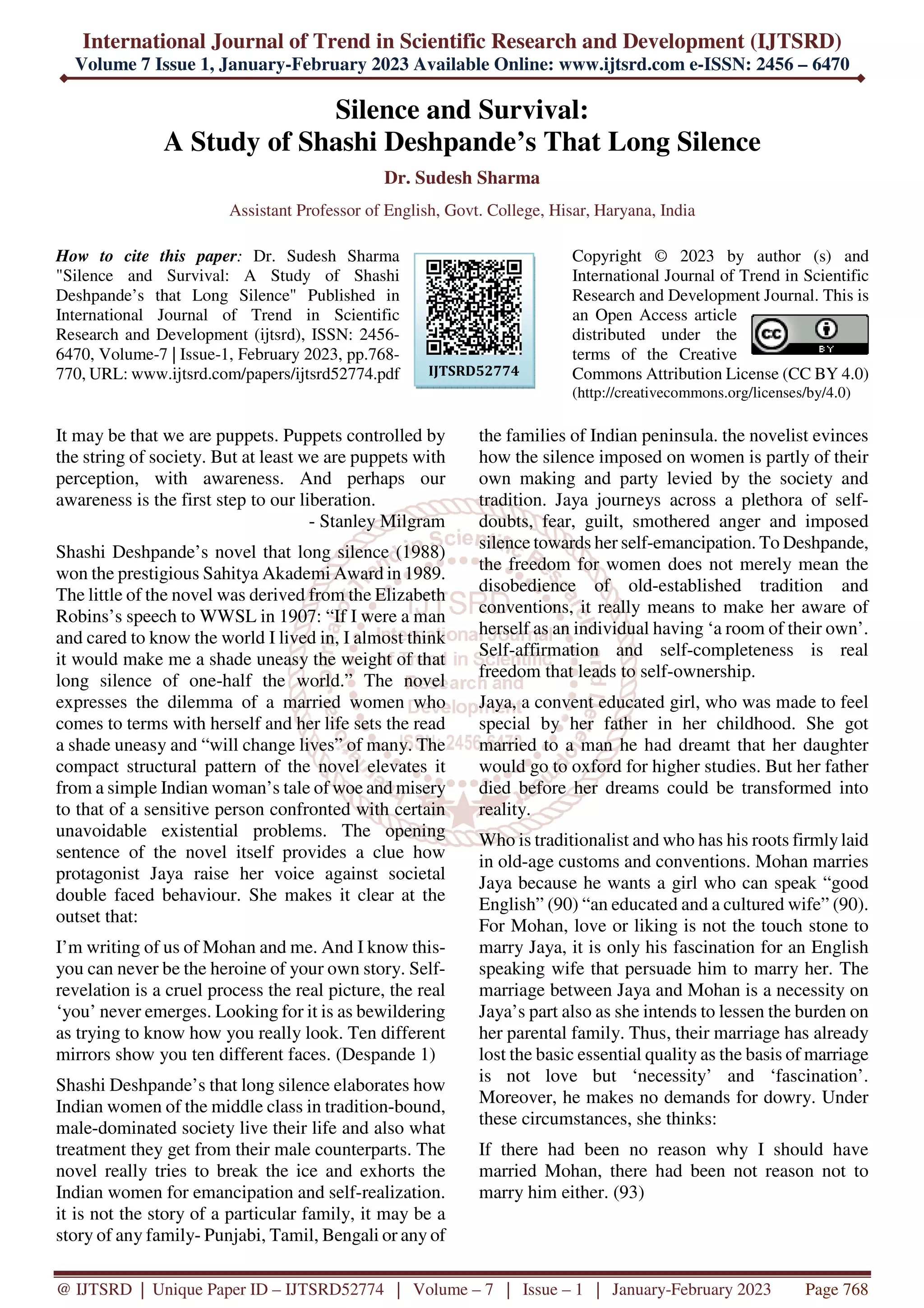 Silence and Survival A Study of Shashi Deshpande’s That Long Silence | PDF