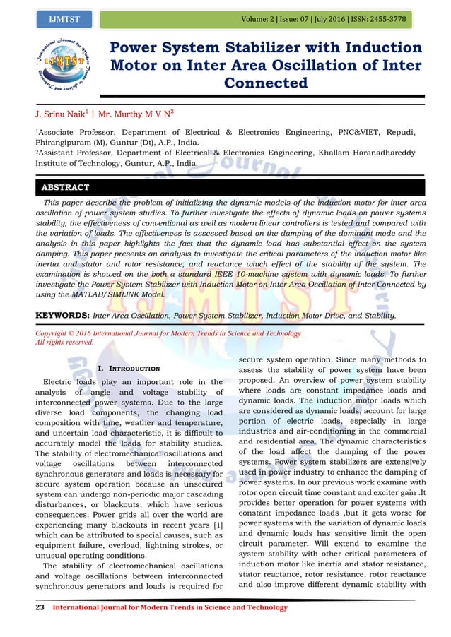Power System Stabilizer with Induction Motor on Inter Area Oscillation of Inter Connected | PDF ...