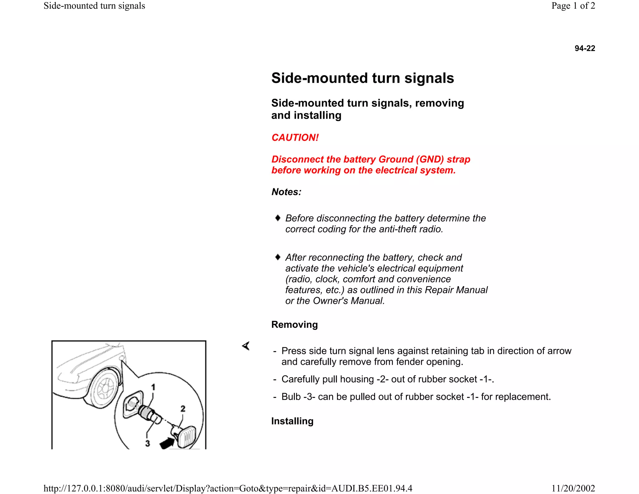 AUDI A4 B5 1.8L 1996 ELECTRICAL EQUIPMENT 94 22 side-mounted turn ...