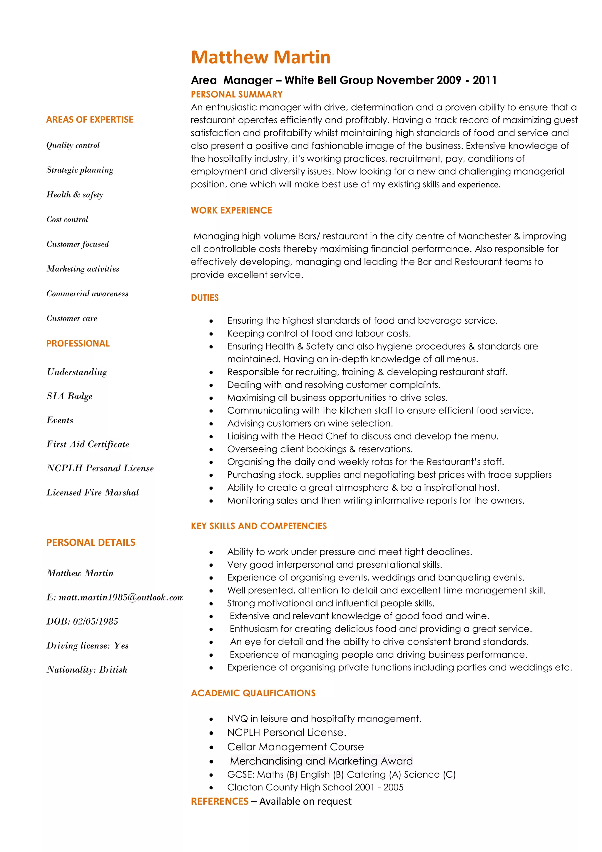 matthew martin CV Sept 2015 | PDF | Business Administration | Business