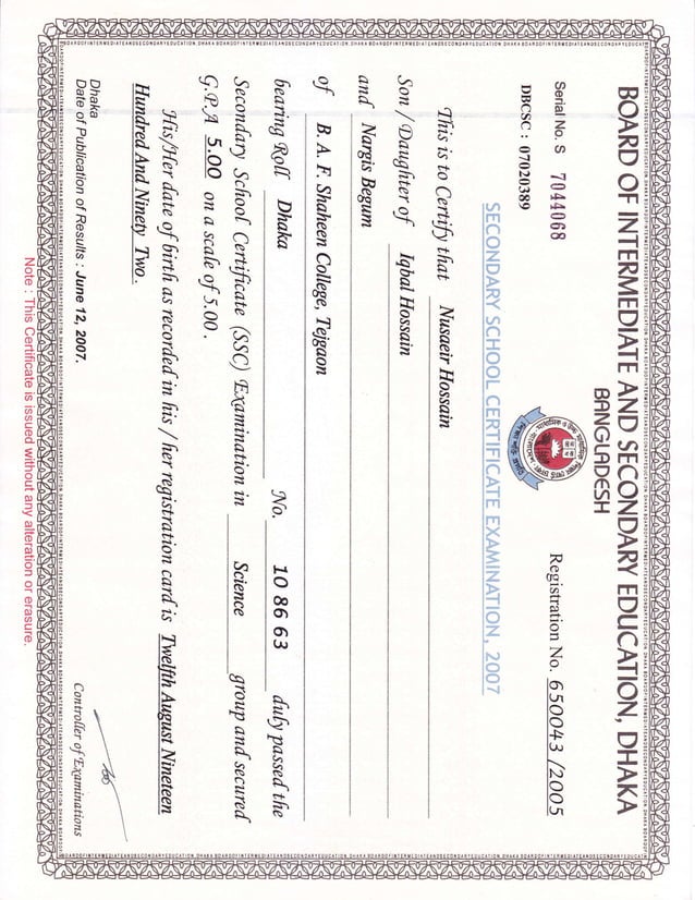 S.S.C Certificate | PDF