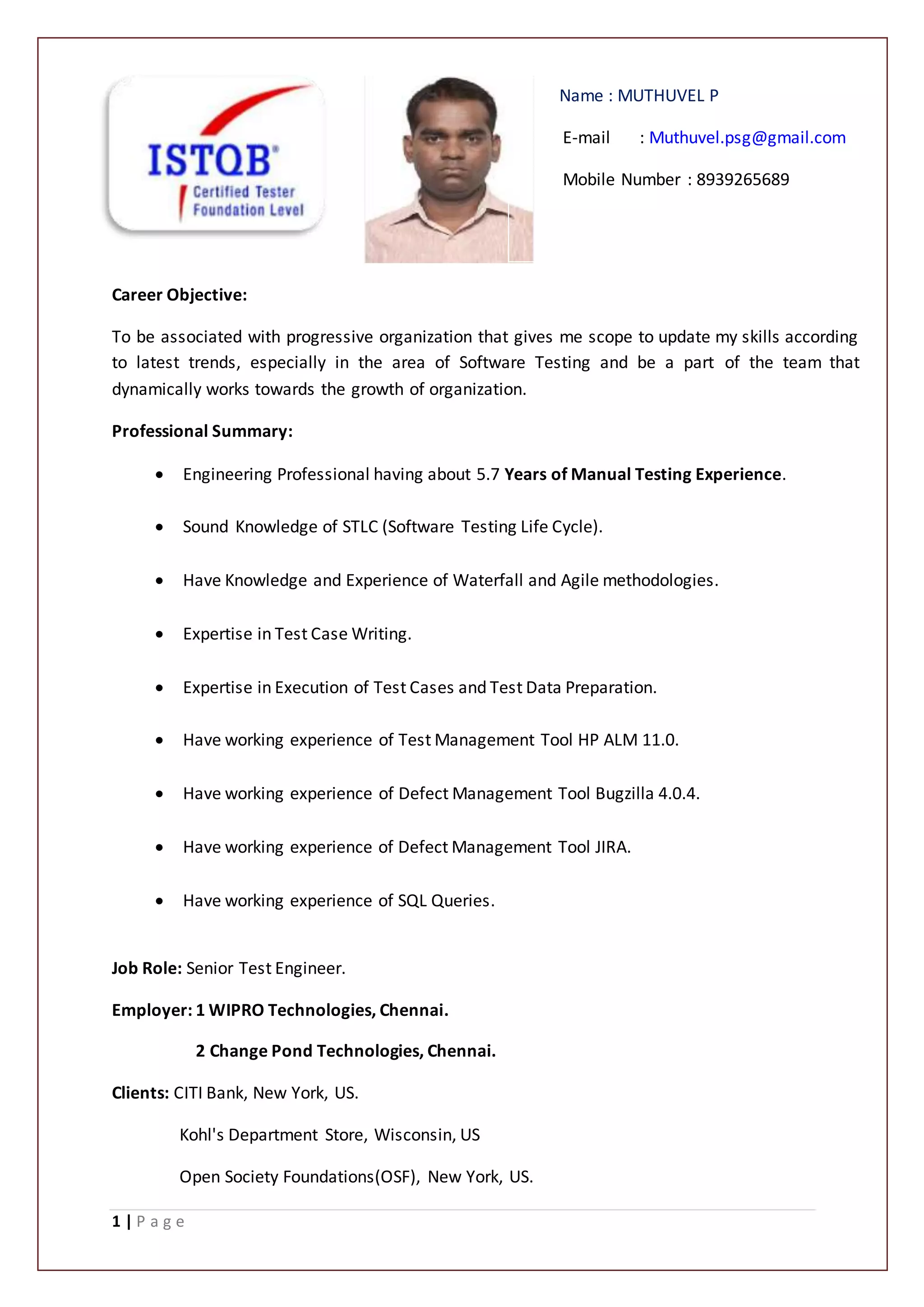 Muthu_Senior Test Engineer_Resume | DOCX