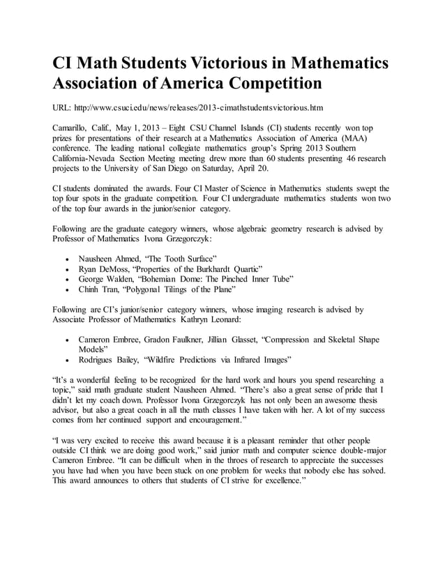 CI Math Students Victorious in Mathematics Association of America ...
