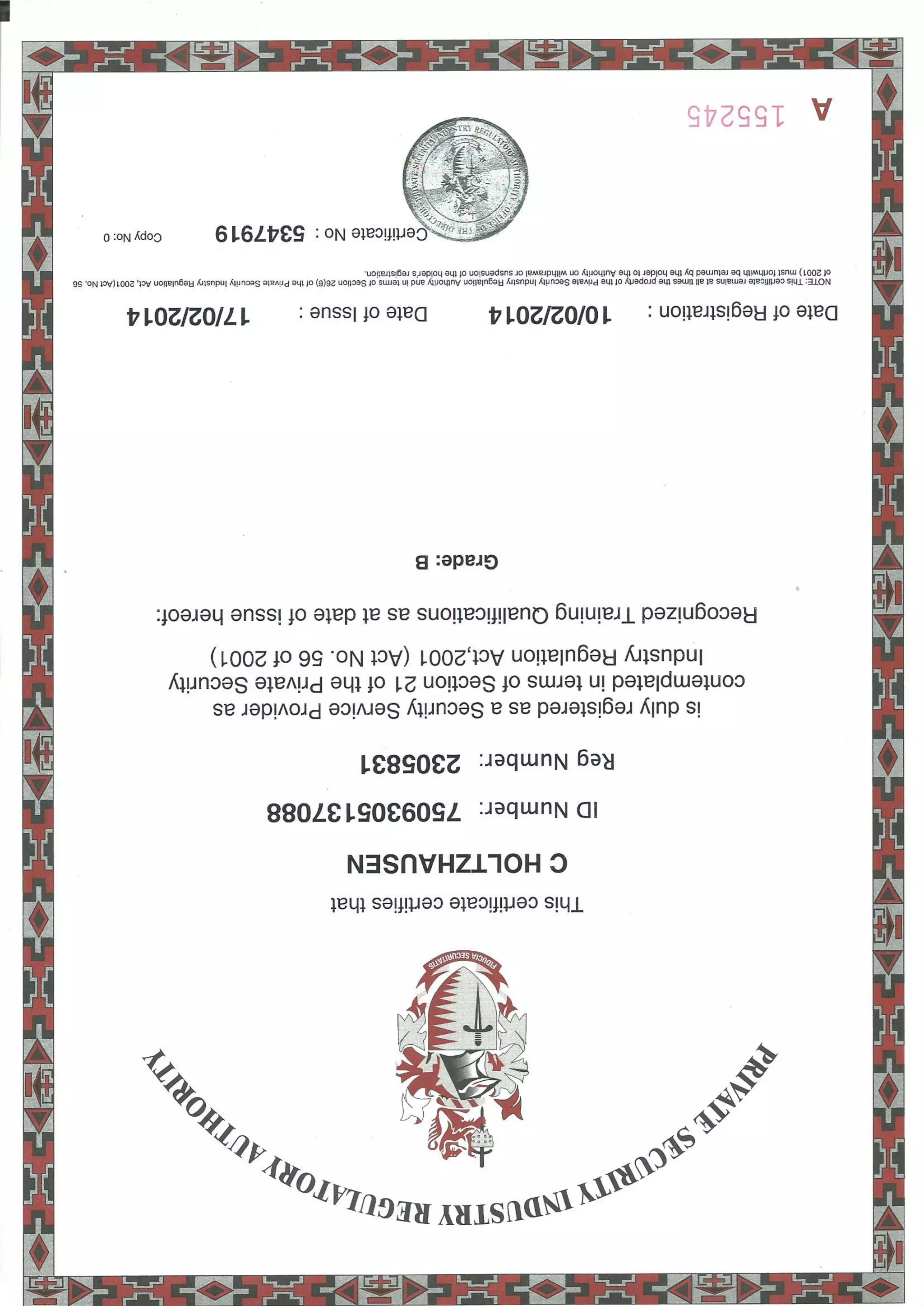 C Holtzhausen PSIRA Certificate | PDF