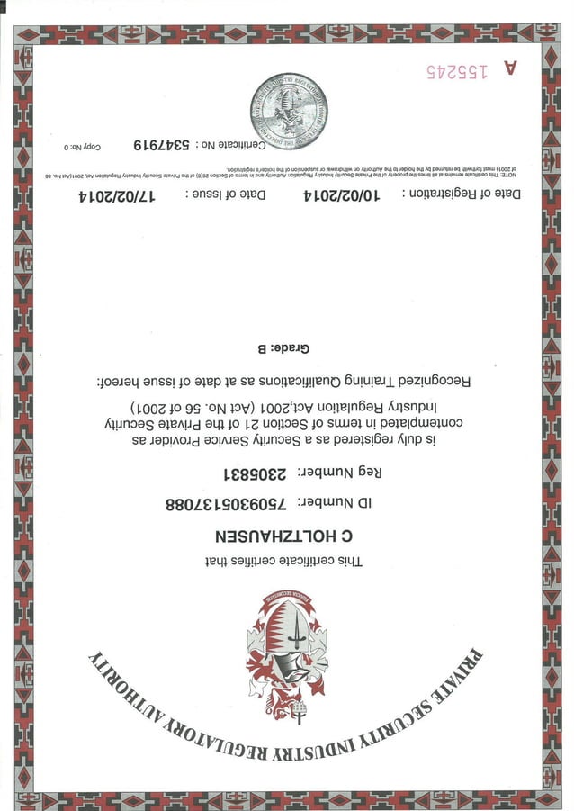 C Holtzhausen PSIRA Certificate | PDF