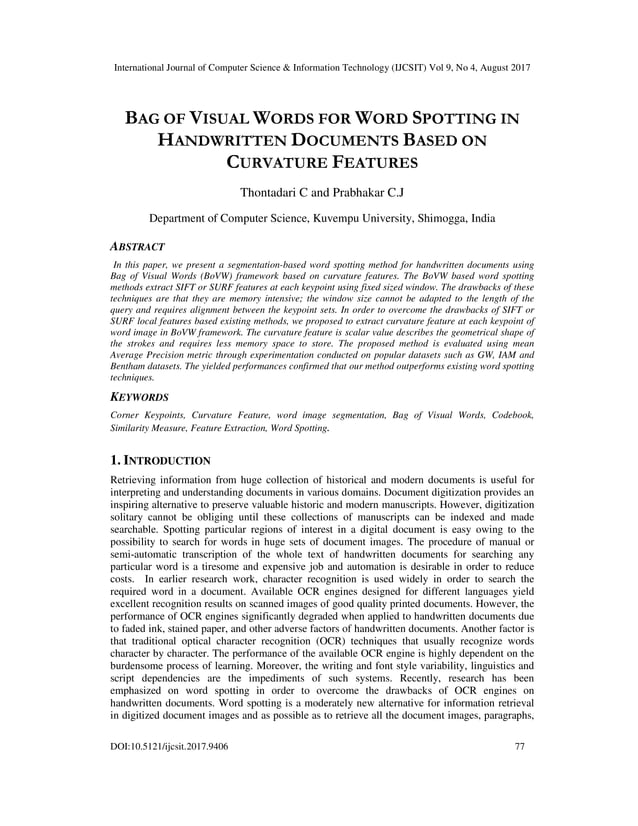 Bag Of Visual Words For Word Spotting In Handwritten Documents Based On