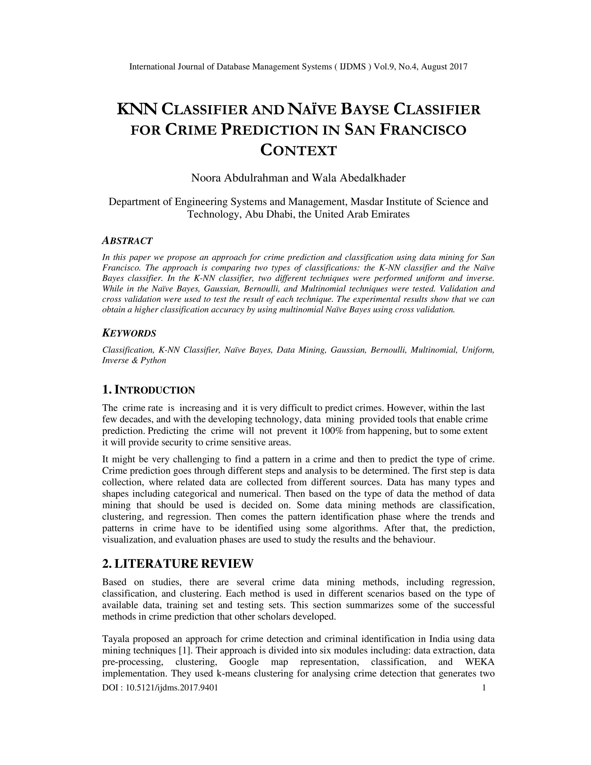 KNN Classifier and Naive Bayse Classifier for Crime Prediction in San Francisco Context | PDF