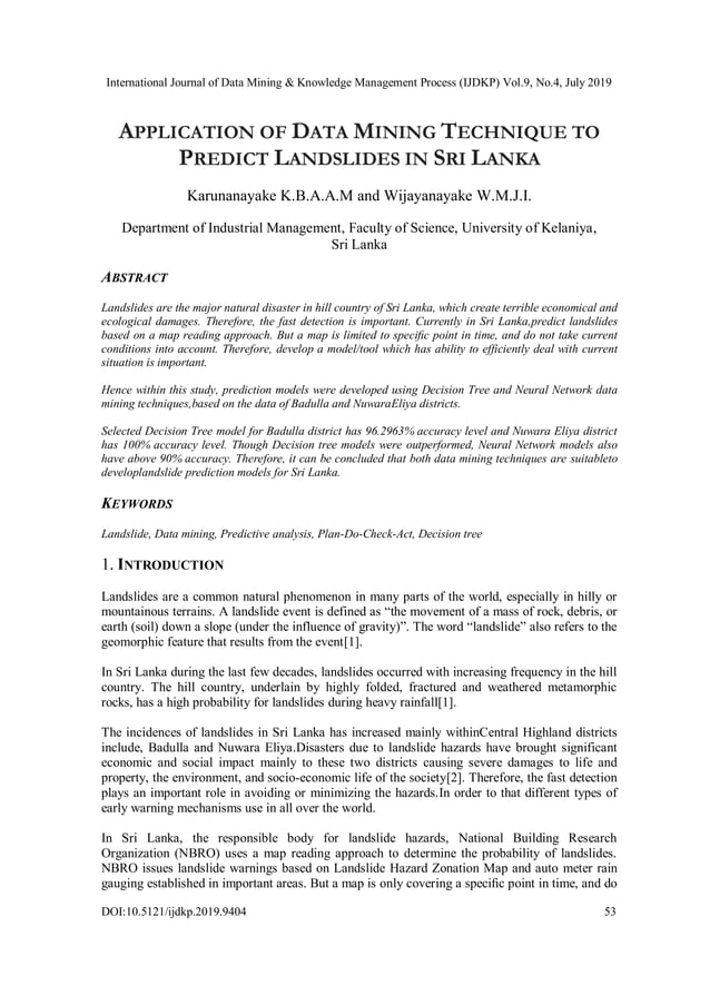 Application of Data Mining Technique to Predict Landslides in Sri Lanka ...