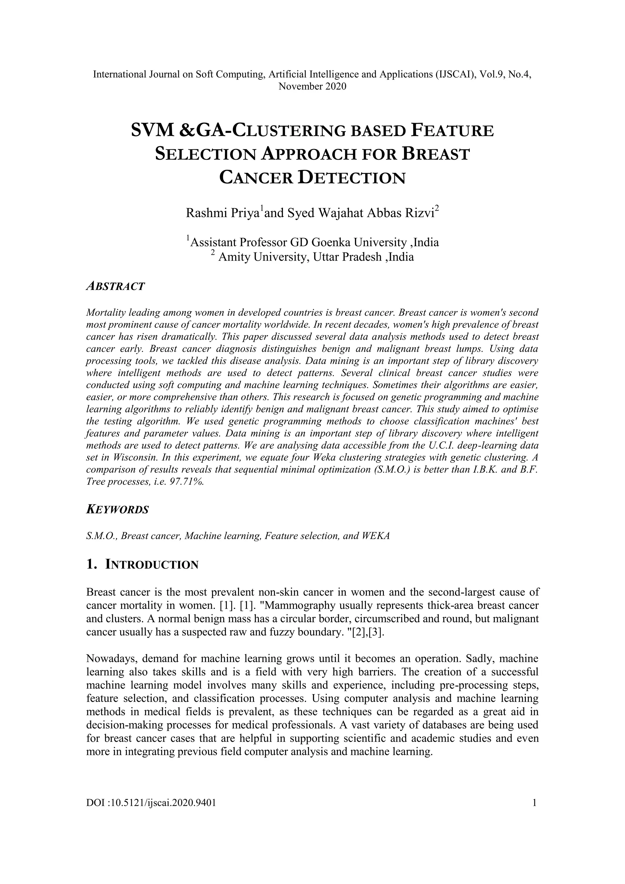 Svm Andga Clustering Based Feature Selection Approach For Breast Cancer Detection Pdf 3188