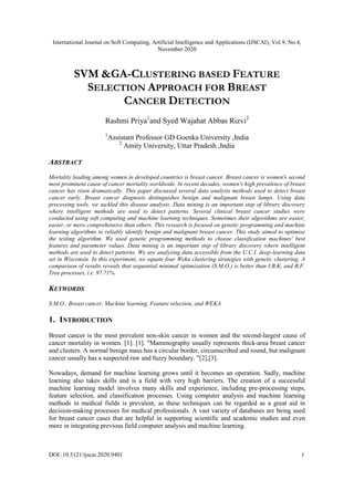 SVM &GA-CLUSTERING BASED FEATURE SELECTION APPROACH FOR BREAST CANCER DETECTION | PDF