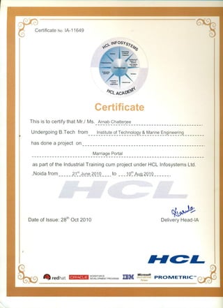Certificate issued by HCL CDC. | PDF