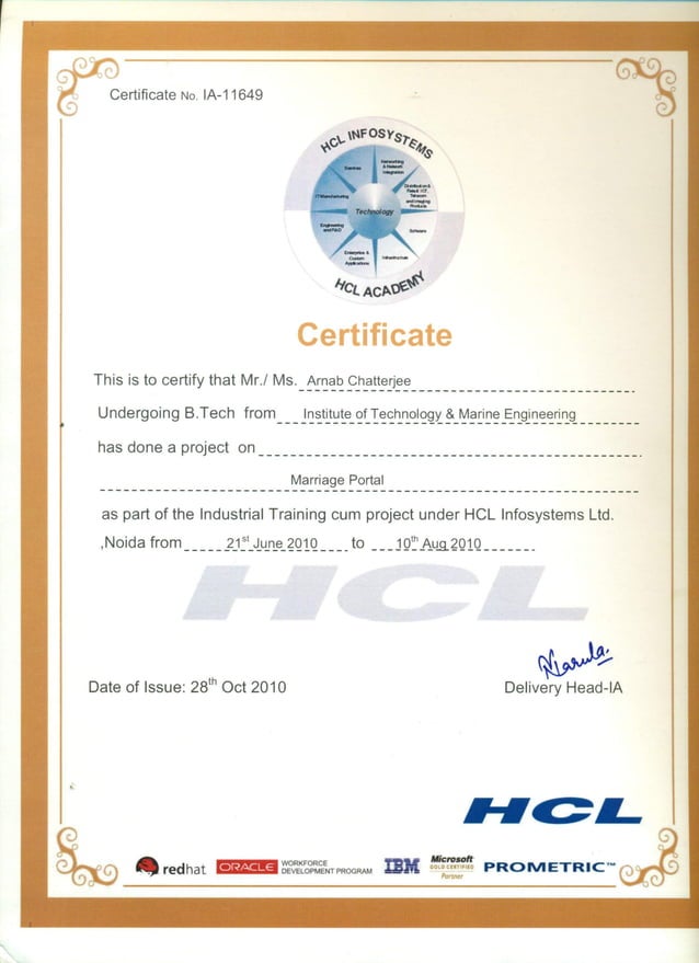 Certificate issued by HCL CDC. | PDF