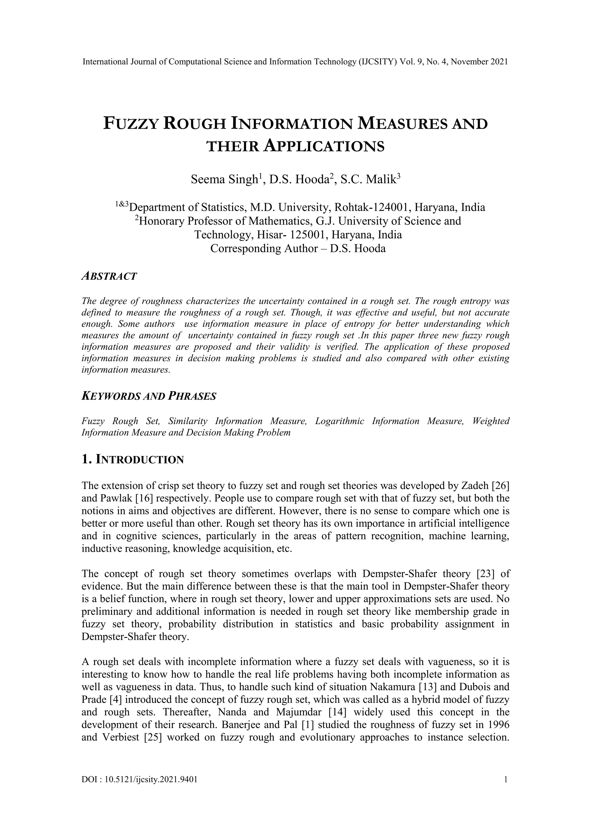 FUZZY ROUGH INFORMATION MEASURES AND THEIR APPLICATIONS | PDF