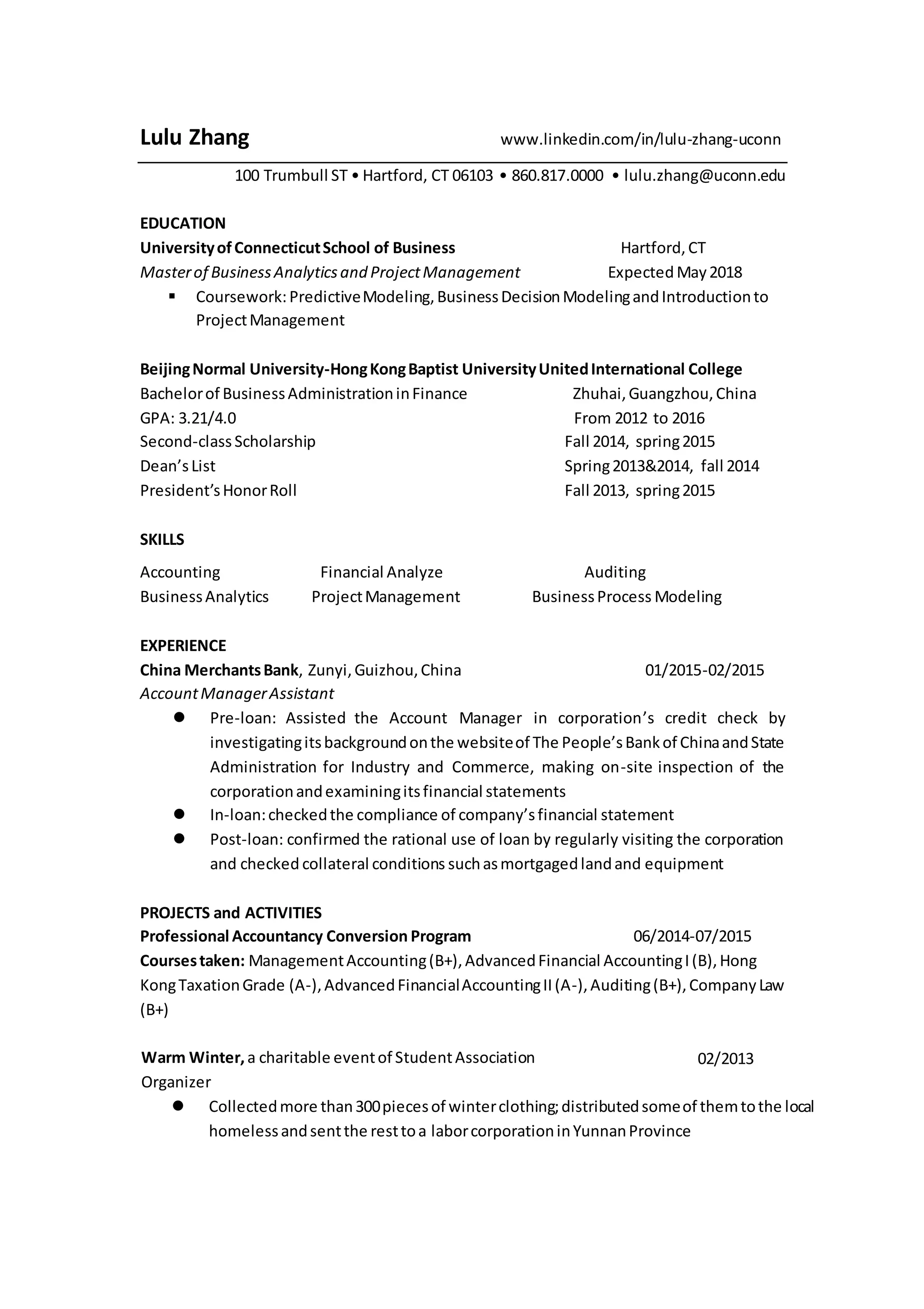 Lulu Zhang_Resume | DOCX | Business Accounting & Finance | Business