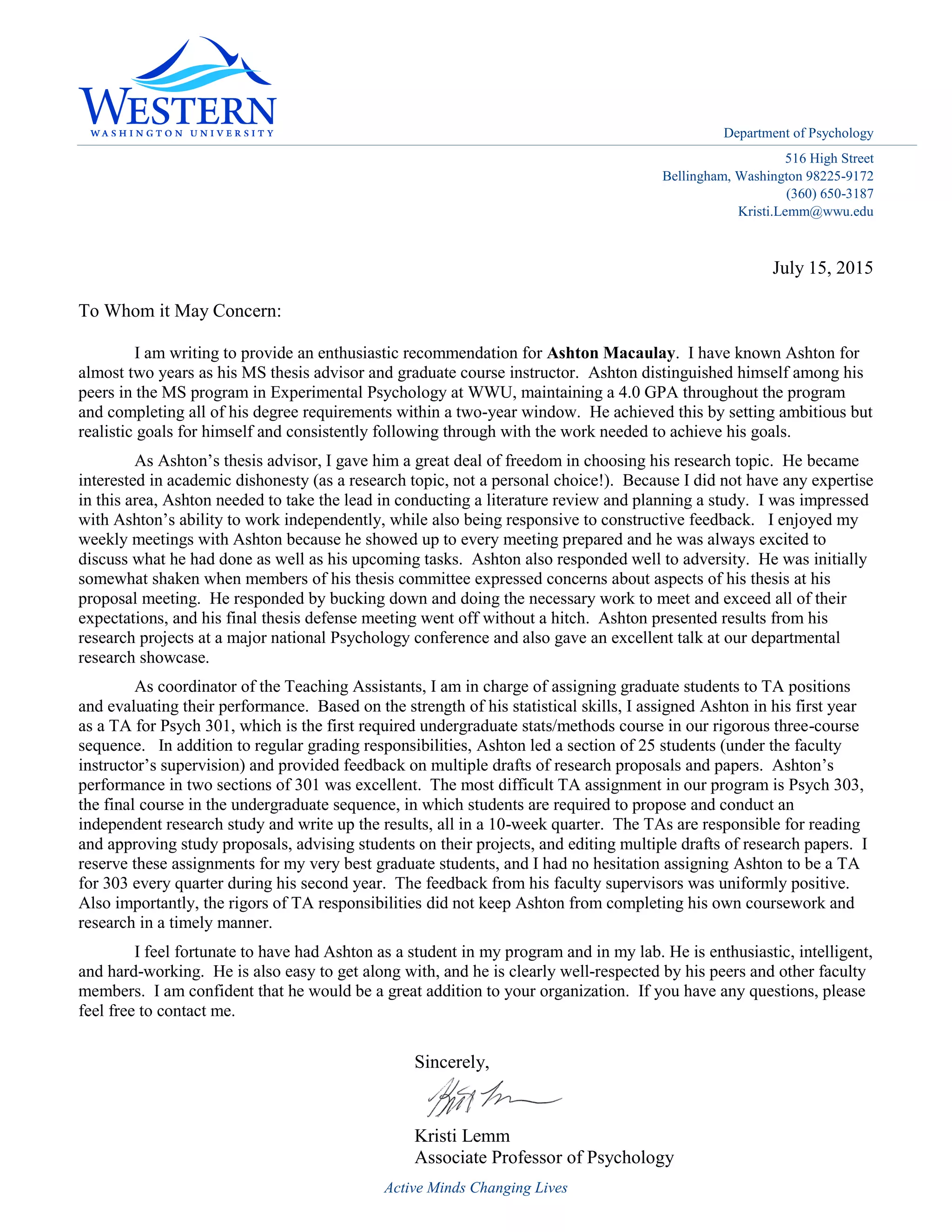 Ashton Macaulay recommendation letter | PDF