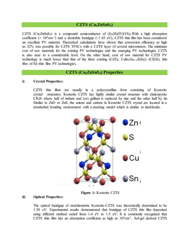 CZTS Solar Cell | DOCX | Chemistry | Science