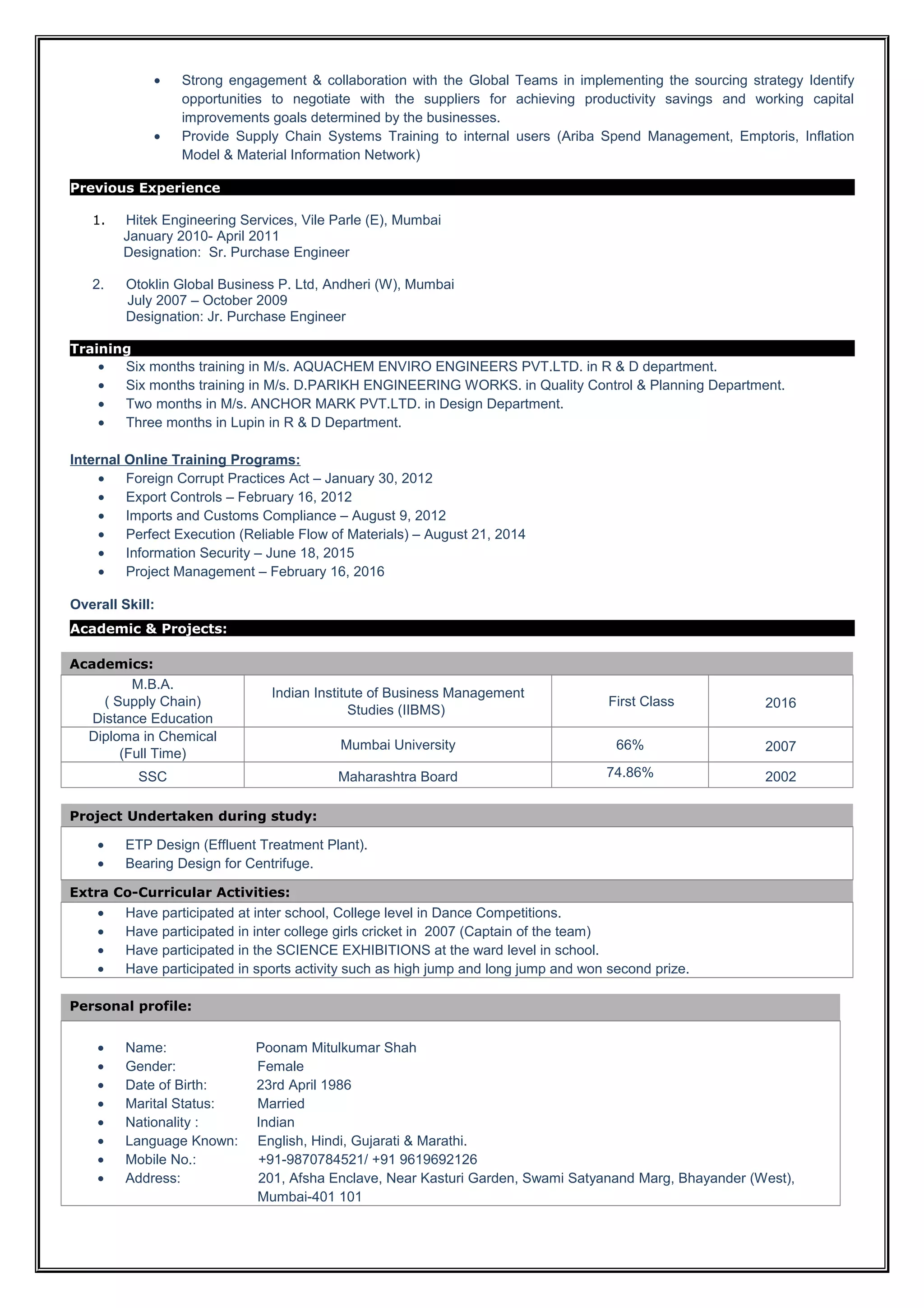 Poonam_Resume-2016 -Procurement | DOC | Business Administration | Business