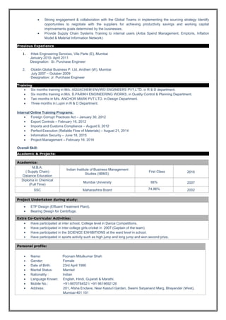 Poonam_Resume-2016 -Procurement | DOC | Business Administration | Business