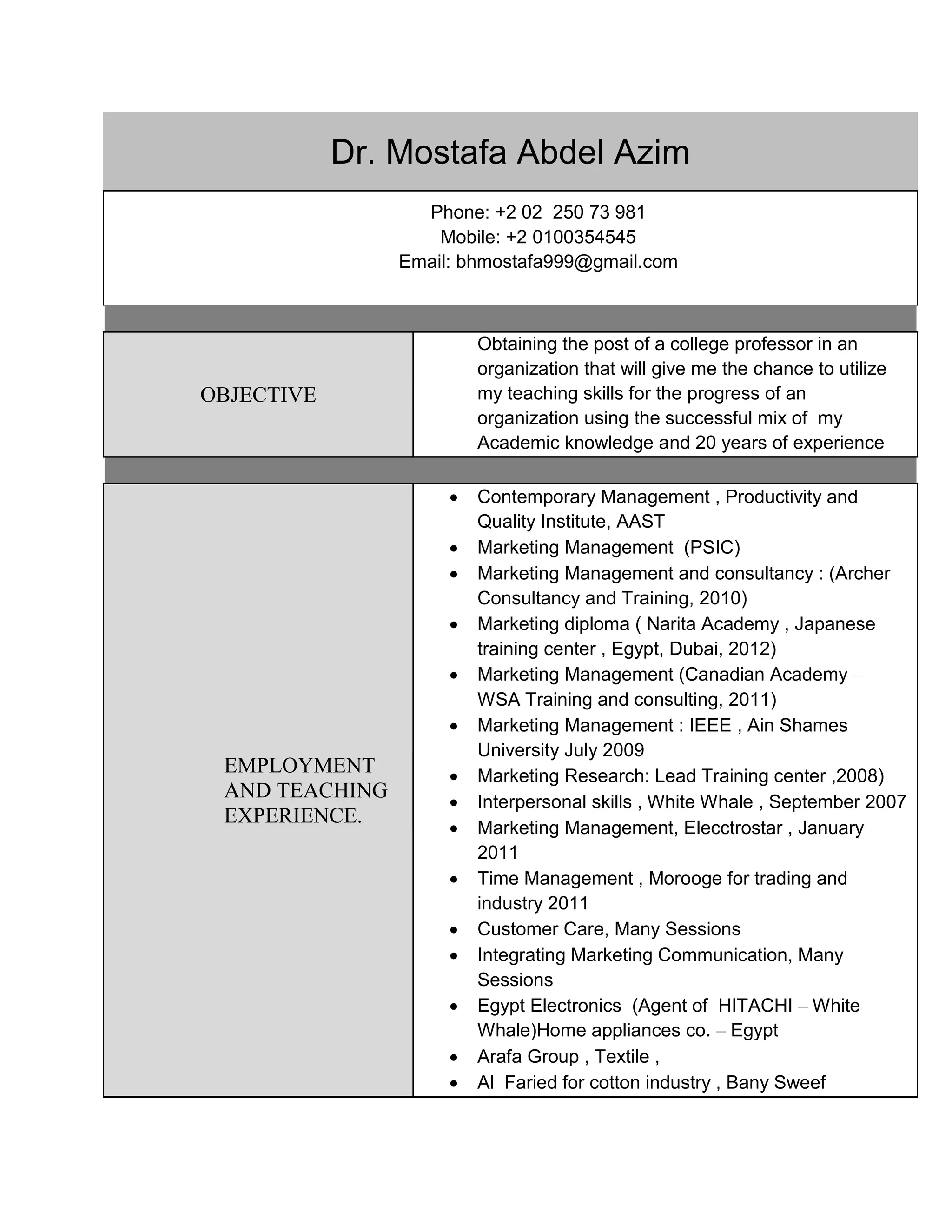Cv Dr. Mostafa Abdel Azim April 2015 | PDF | Business Administration ...