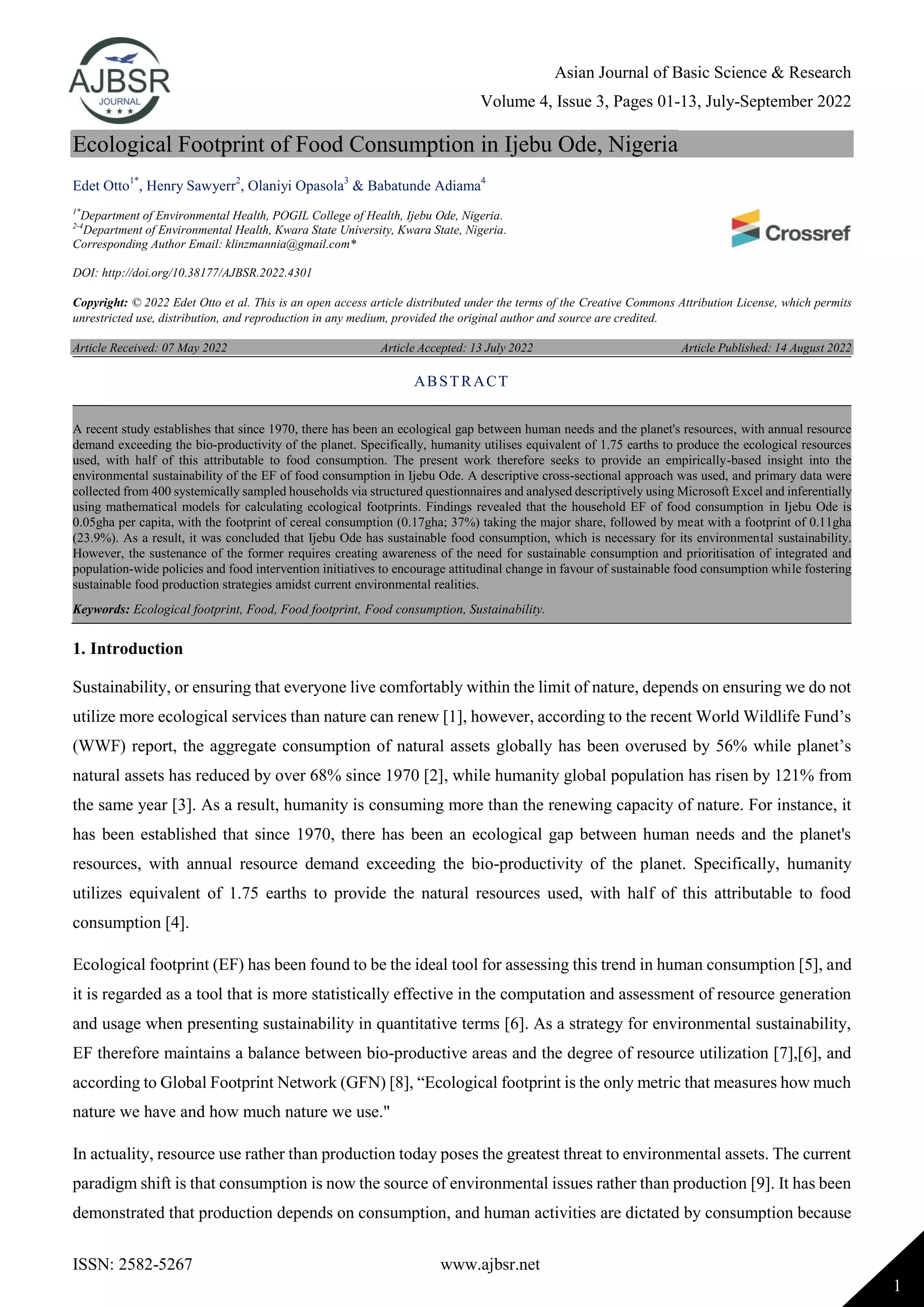 Ecological Footprint of Food Consumption in Ijebu Ode, Nigeria | PDF | Environmental Services ...