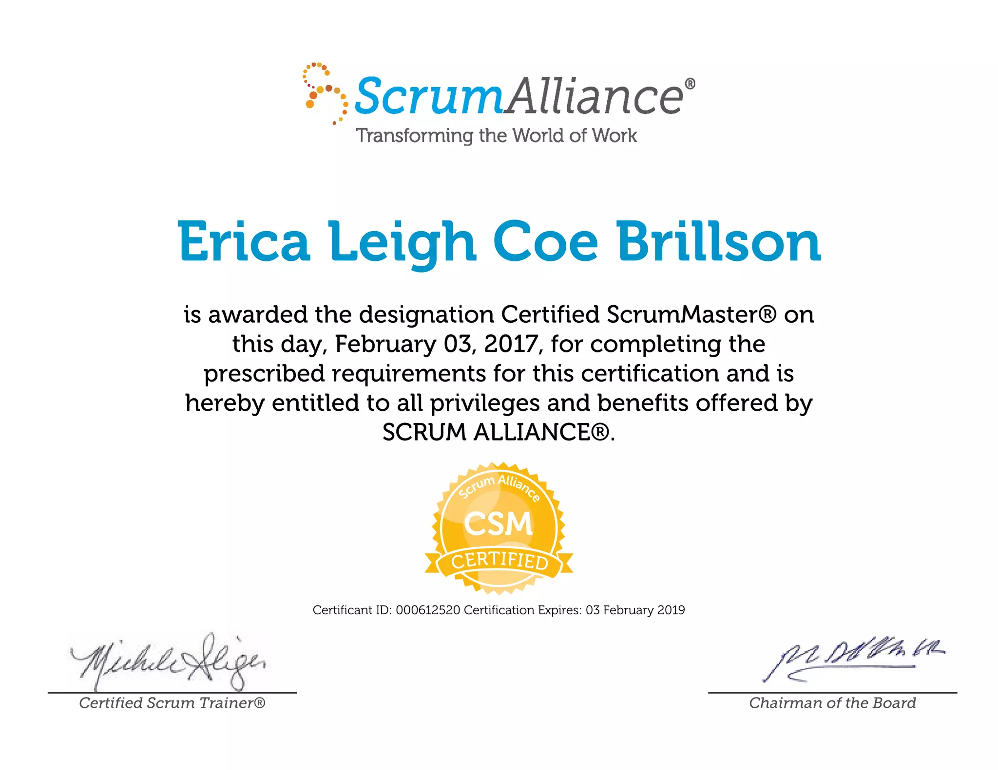 Erica Leigh Coe Brillson-ScrumAlliance_CSM_Certificate | PDF | Sports