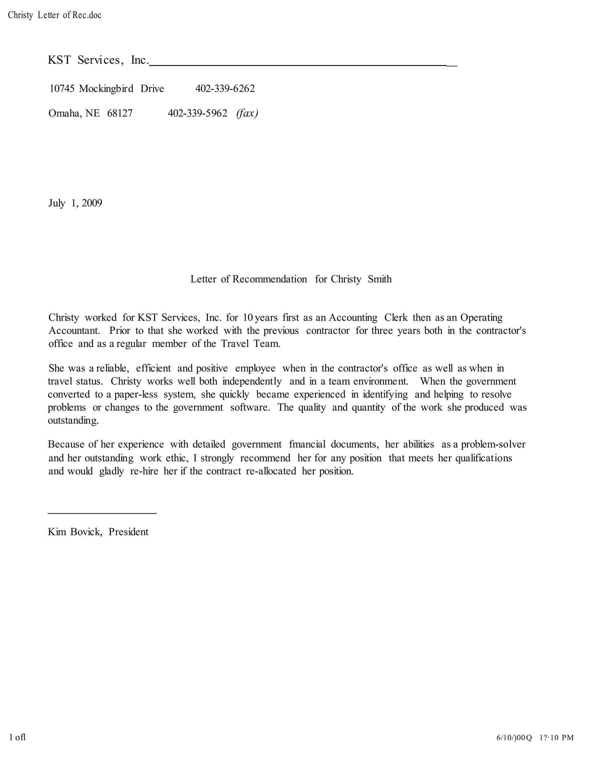 KST Recommendatoin from Kim Bovick | DOCX