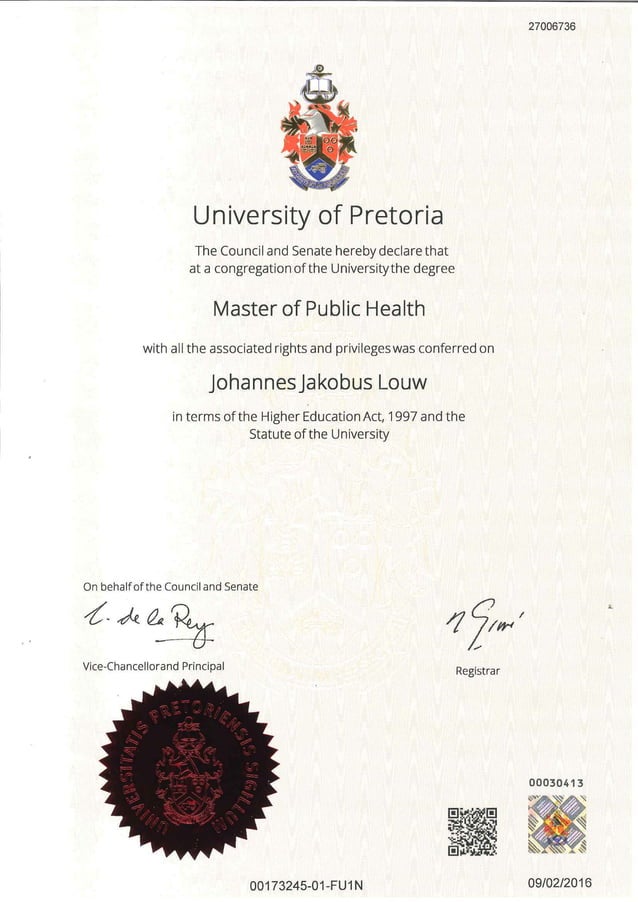 JJ Louw MPH Certificate | PDF