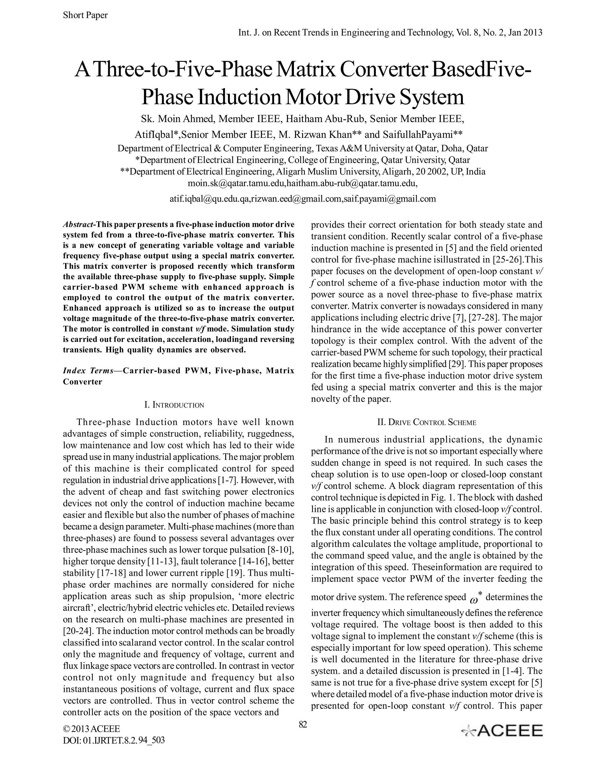 A Three-to-Five-Phase Matrix Converter BasedFive- Phase Induction Motor Drive System | PDF