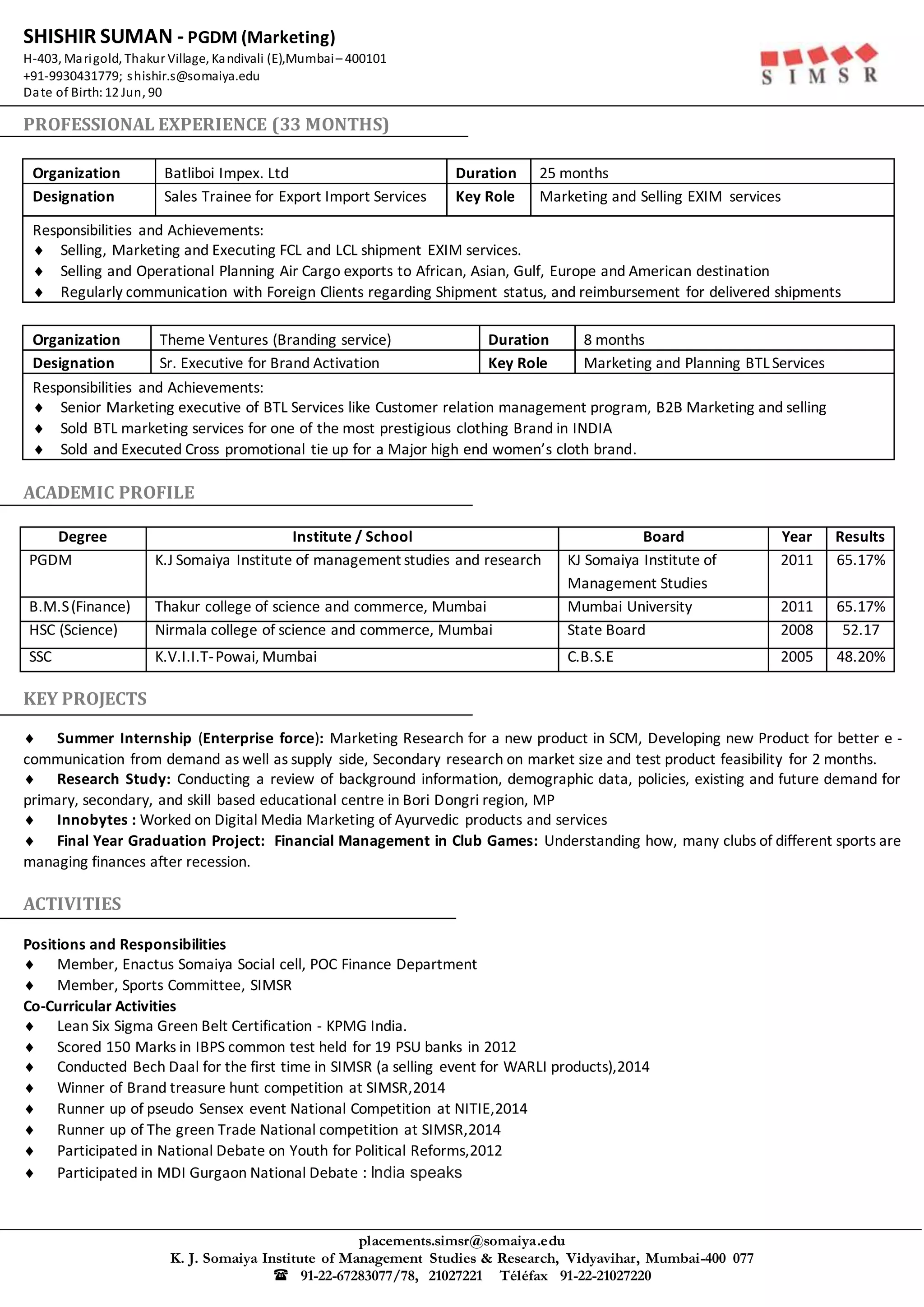 Shishir suman CV 2015 | PDF