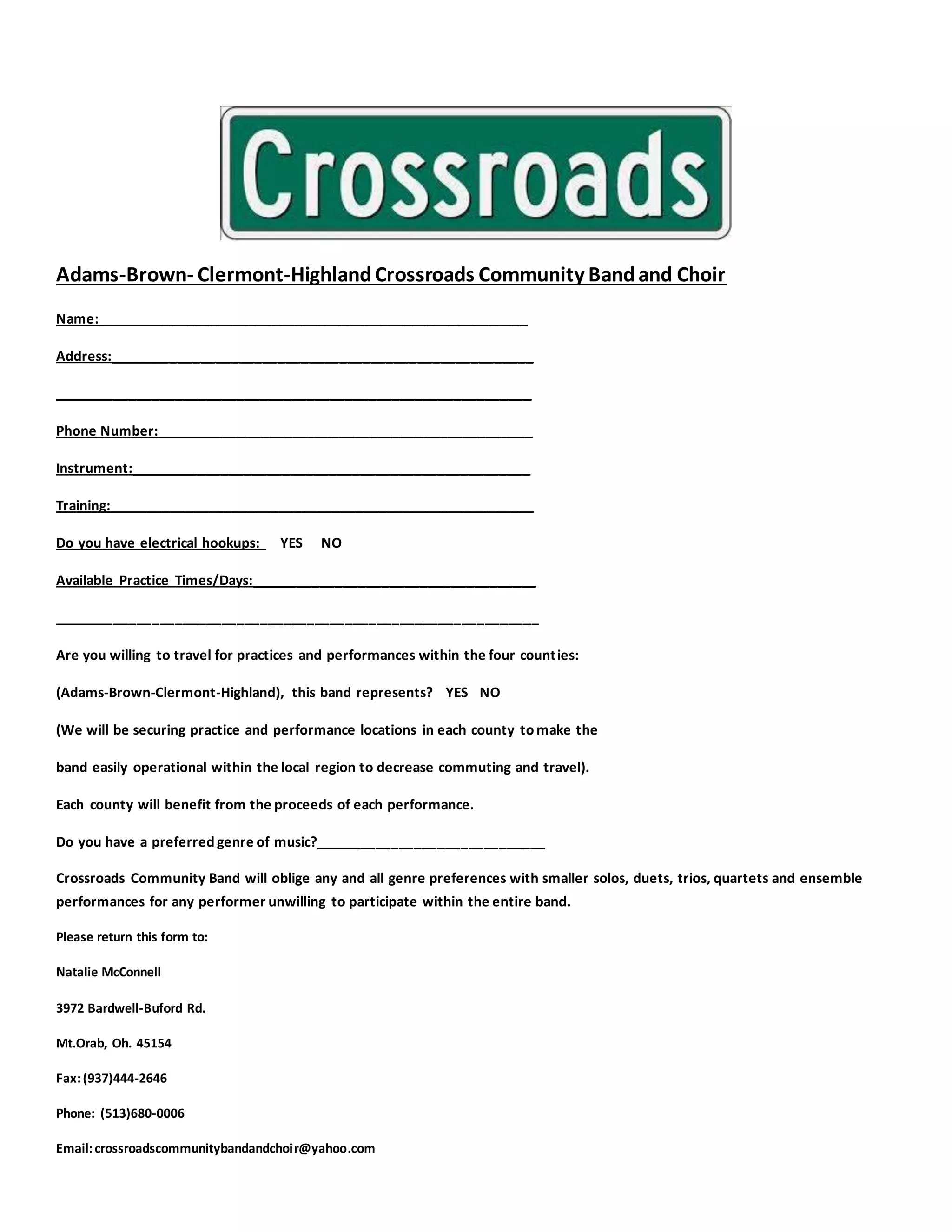 Crossroads Band Sign Up form | DOCX