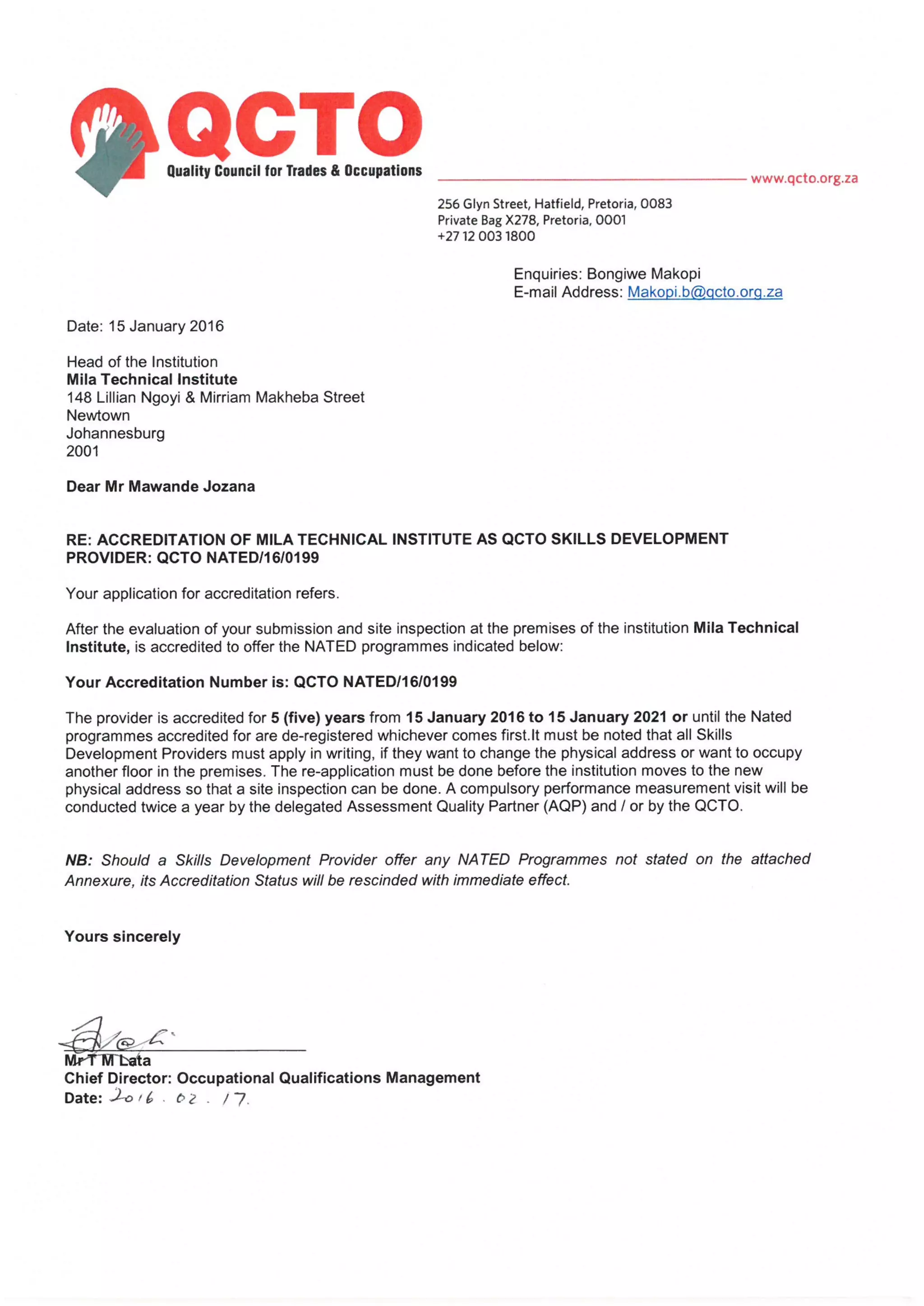 Accreditation Updated letter - Mila Technical Institute - | PDF