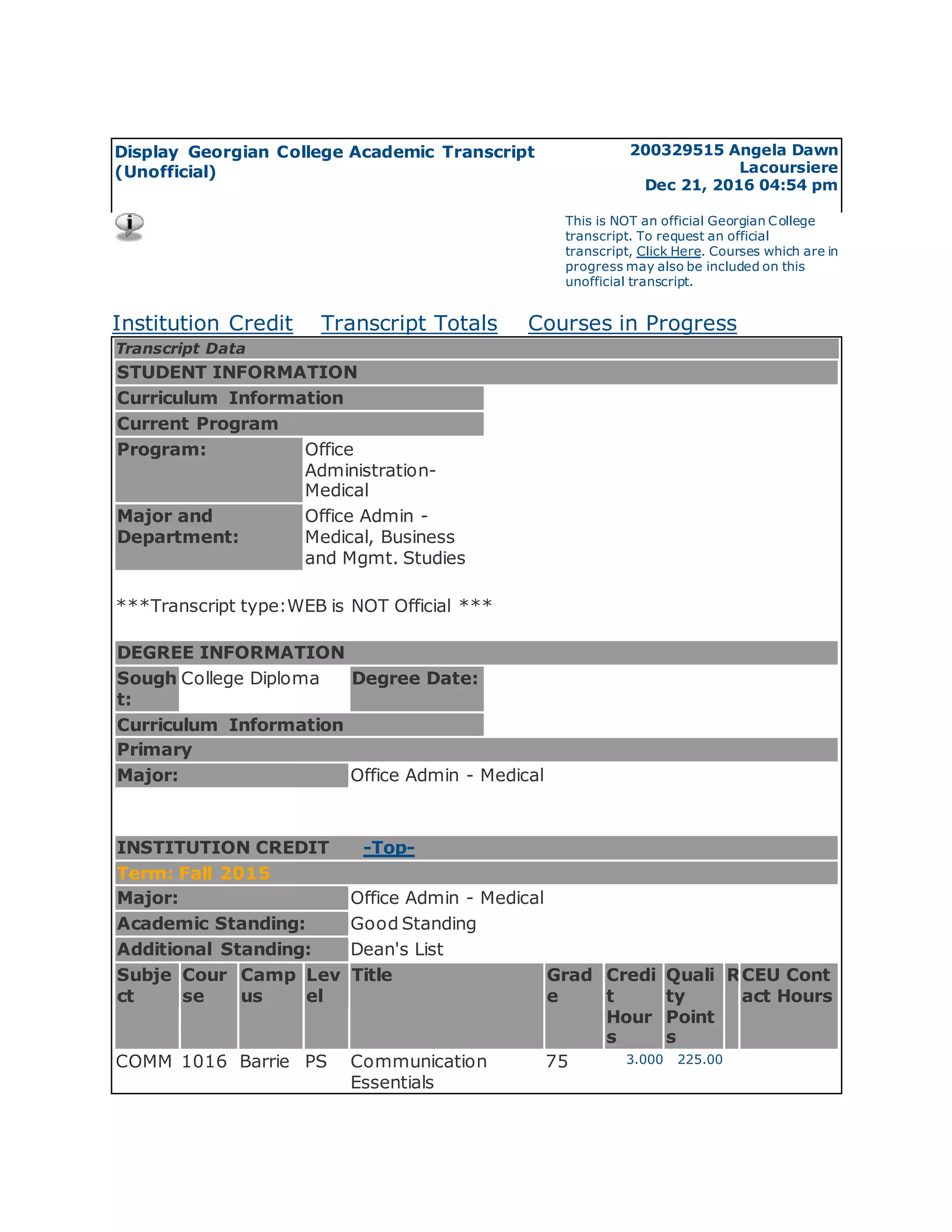 Display Georgian College Academic Transcript | DOCX | Secondary ...