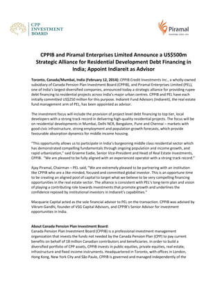 CPPIB_PEL Release Feb 12 2014 | PDF | Financial Industry | Industries