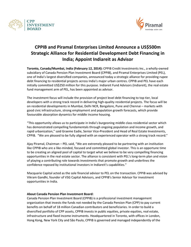 CPPIB_PEL Release Feb 12 2014 | PDF | Financial Industry | Industries