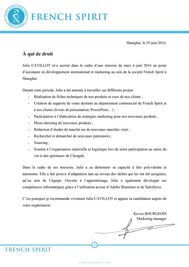 Julie CAVILLOT_Lettre de recommandation French Spirit | PDF
