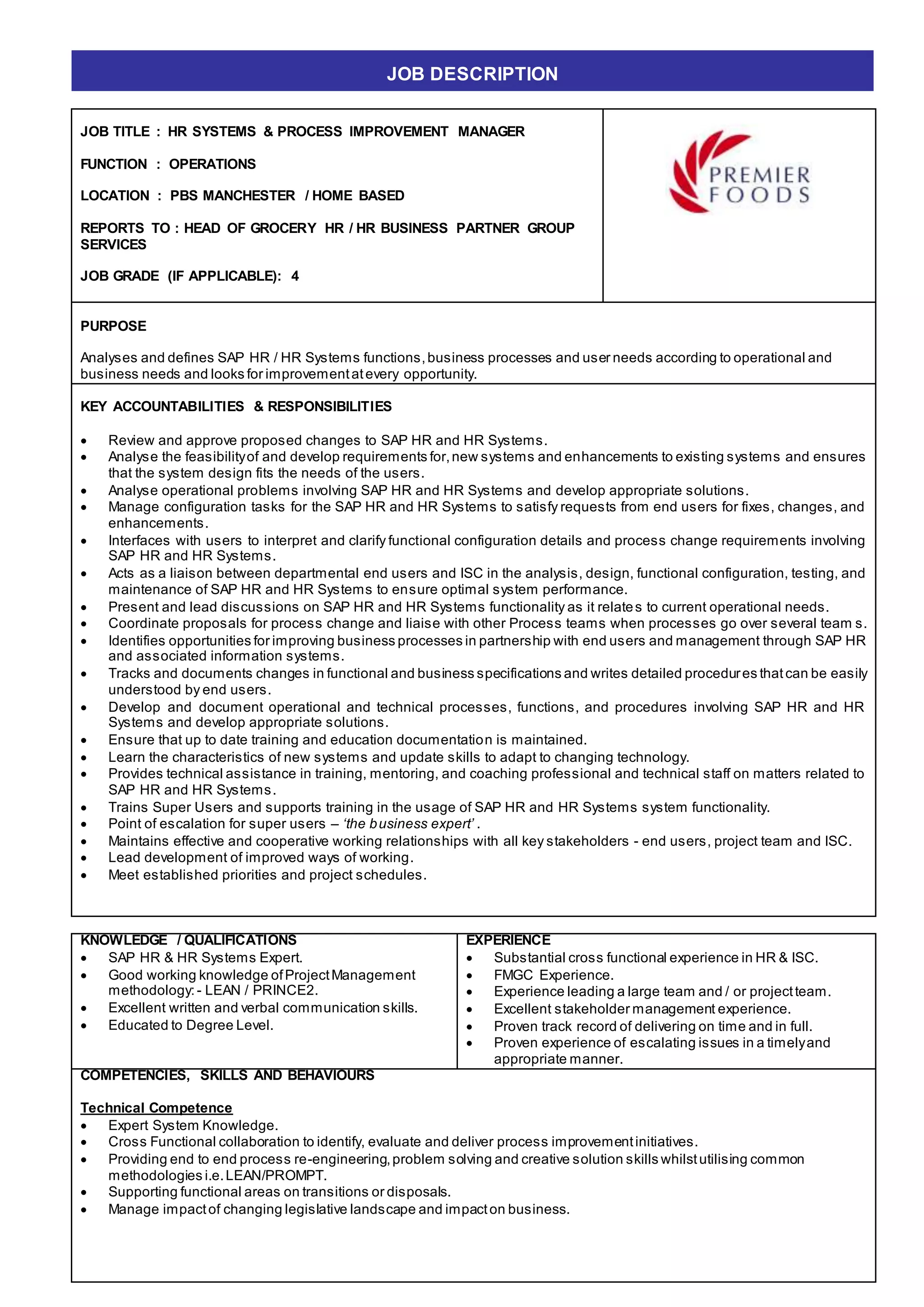 HR Systems & Process Improvement Manager - Job Description - FINAL | DOCX