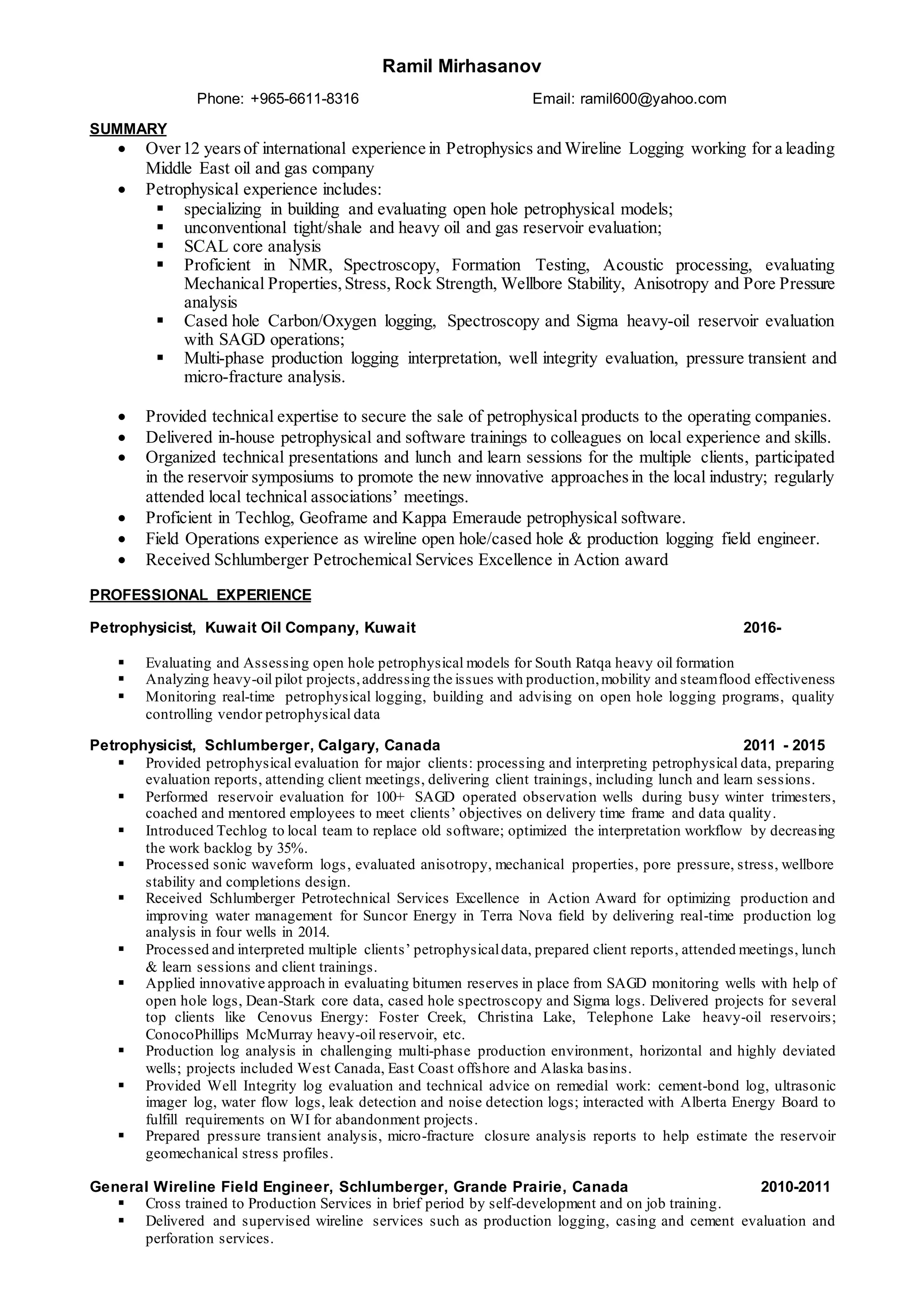 Resume Ramil Mirhasanov_Petrophysicist | PDF