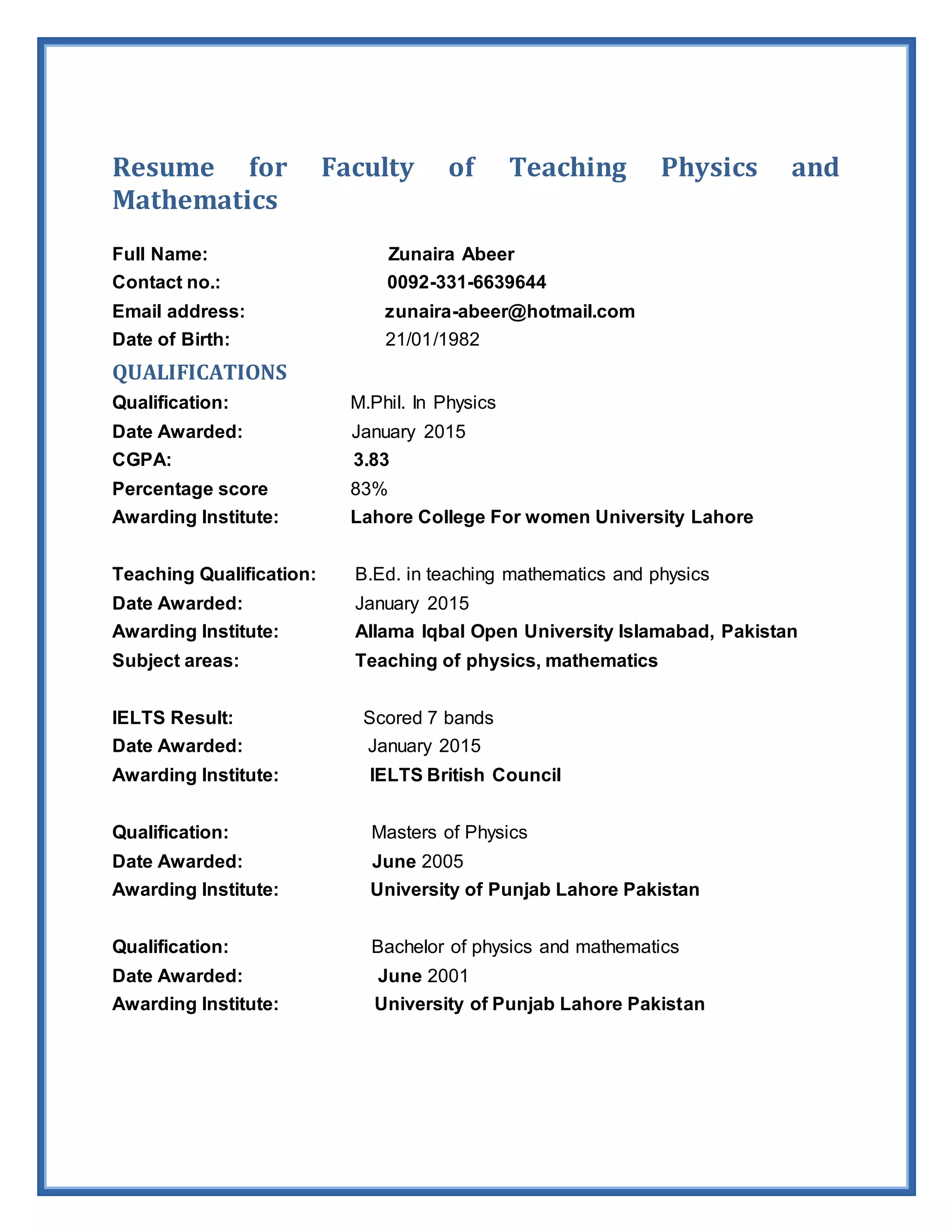 Resume for Faculty of teaching physics | DOCX